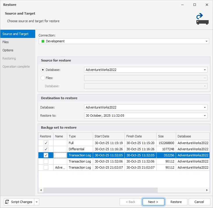 Restore a transaction log backup