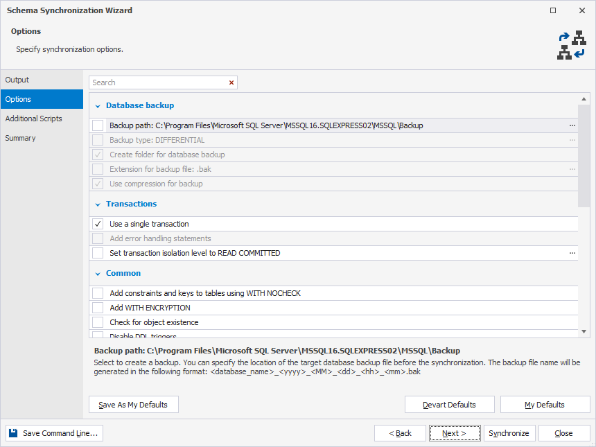 Configure synchronization options