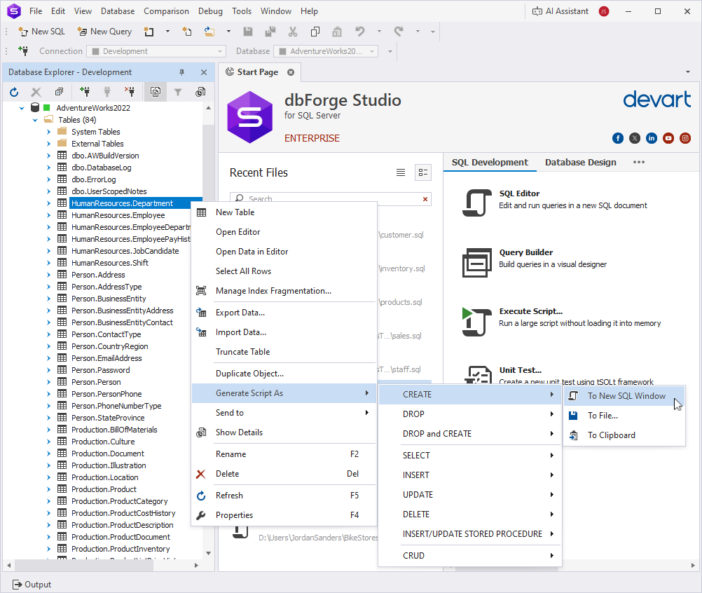 Generate Script As command