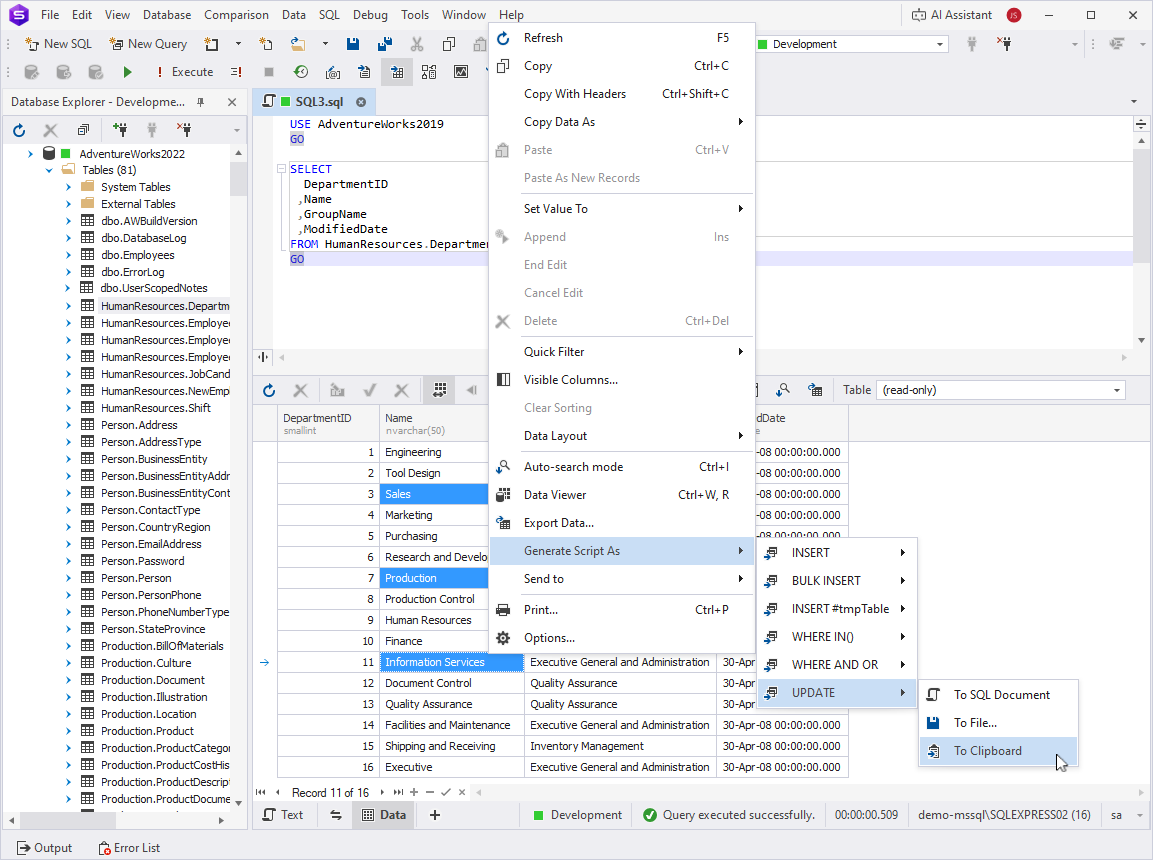 Generate Script As command