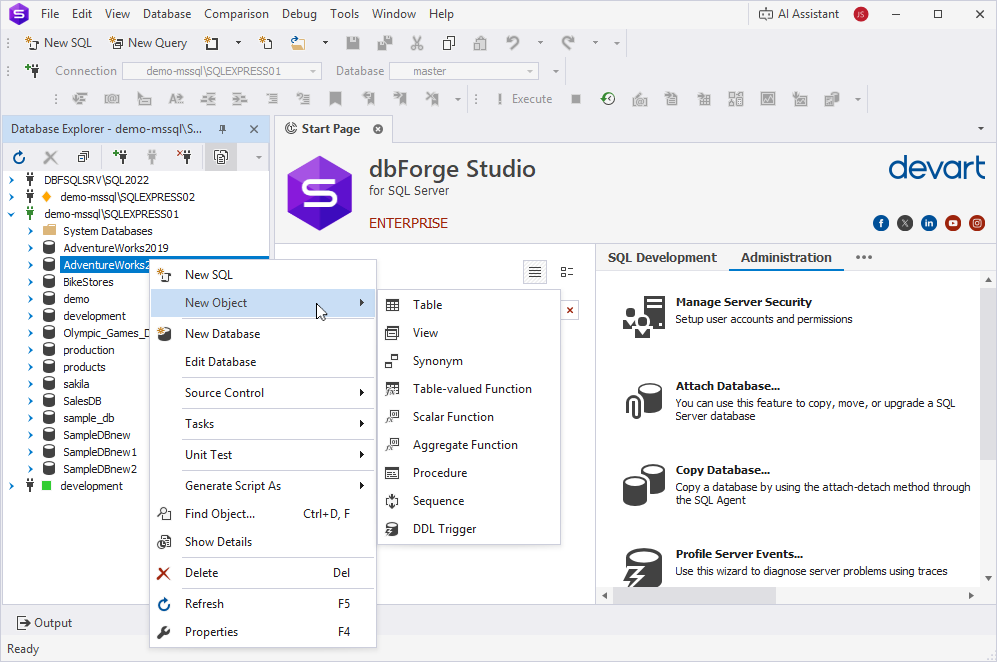 Work with the New Database Object window