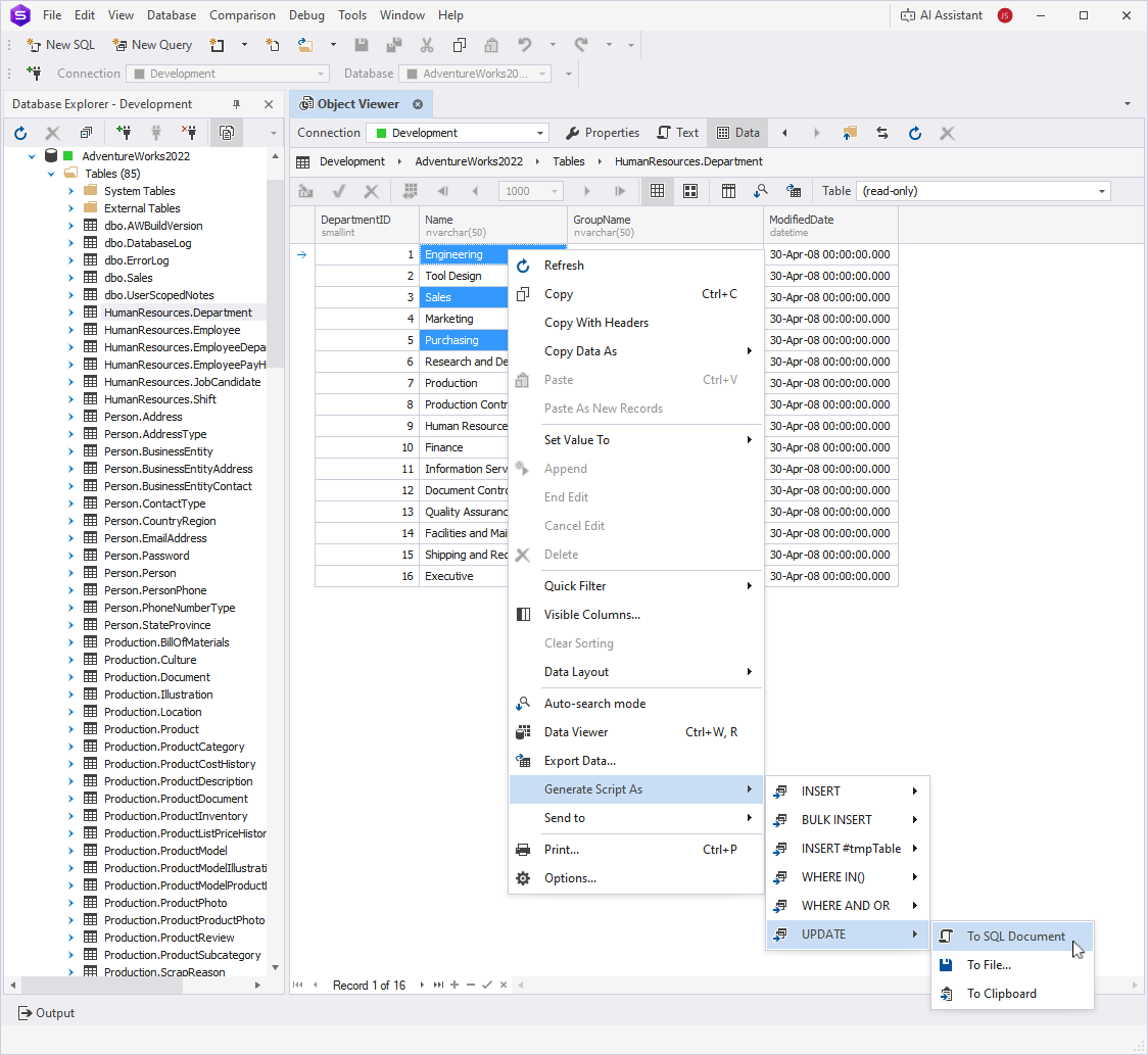 Generate scripts from Object Viewer