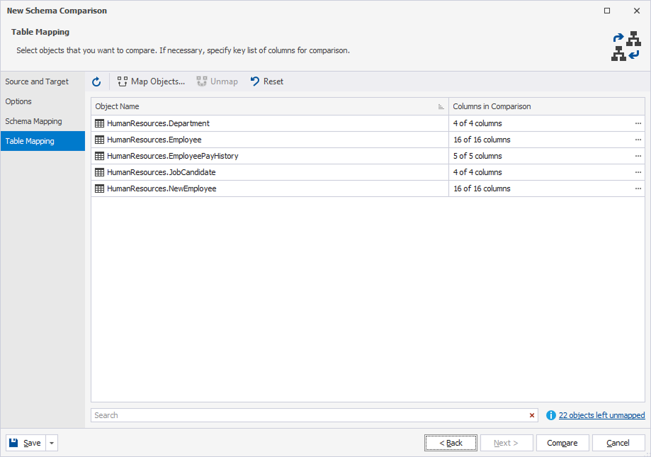 Map tables and columns