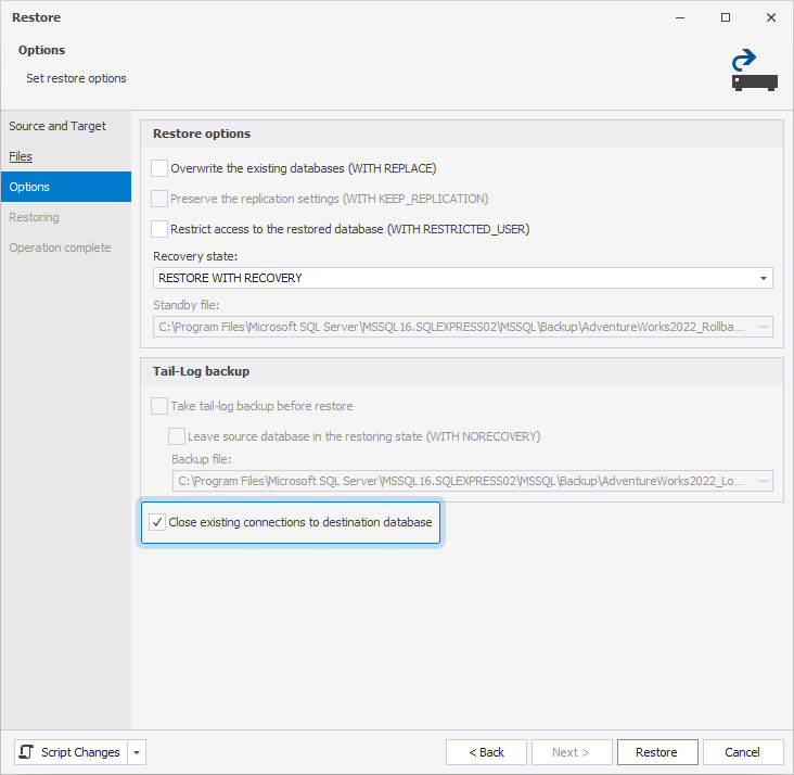 Restore a transaction log backup